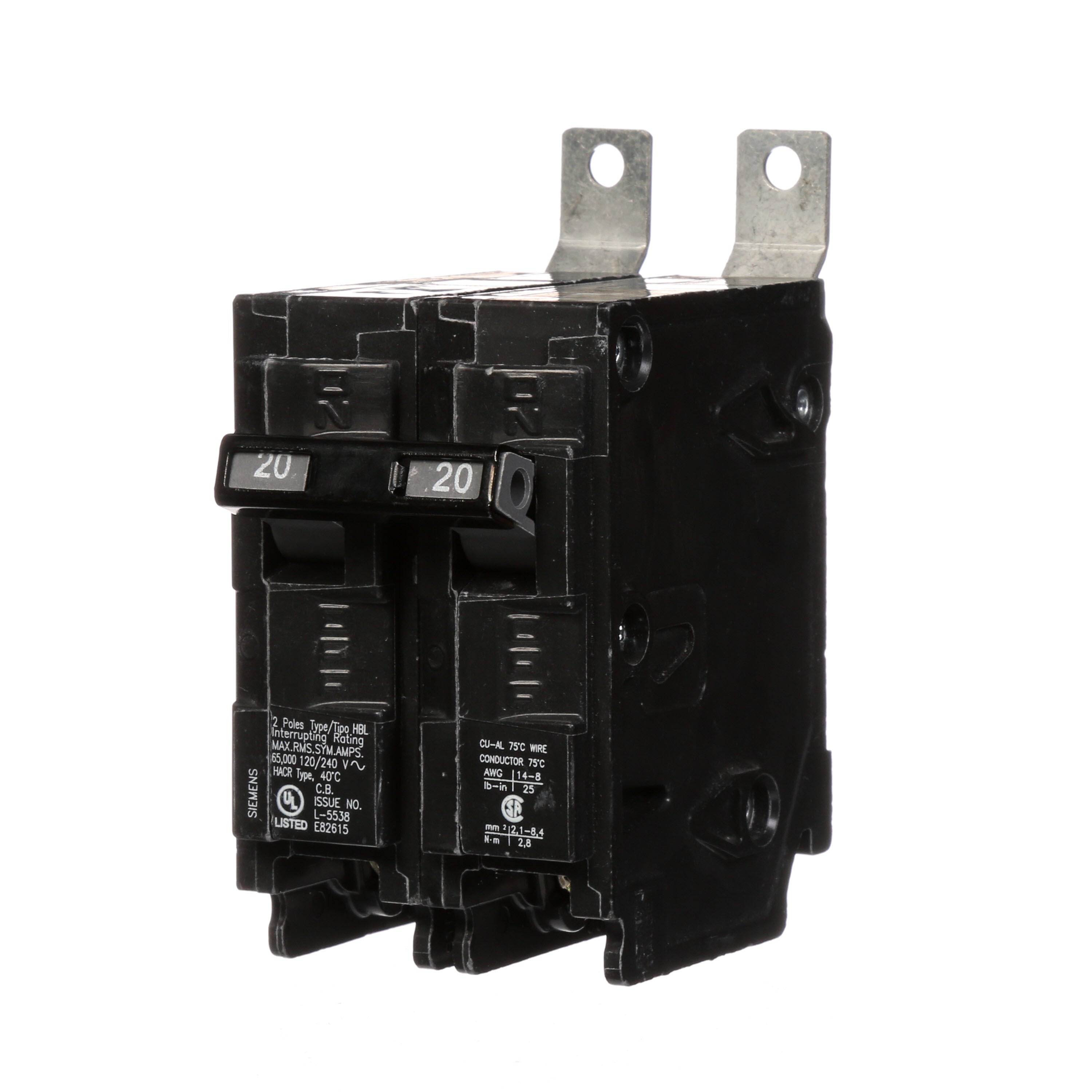 Siemens B220HH 2-Pole 20 Amp 120/240 VAC 65 kA Bolt-On Molded Case ...